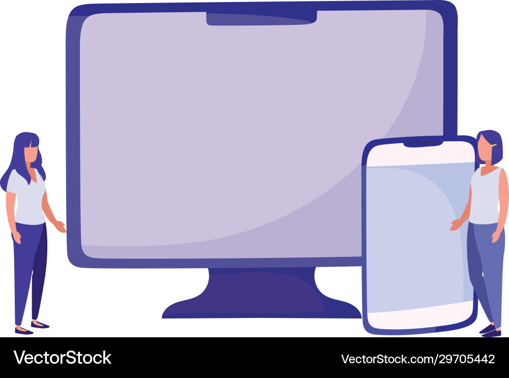 Women standing with big computer and smartphone Vector Image