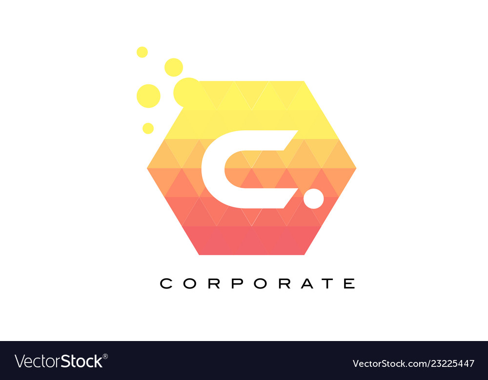 C orange hexagon shaped letter logo with bubbles Vector Image