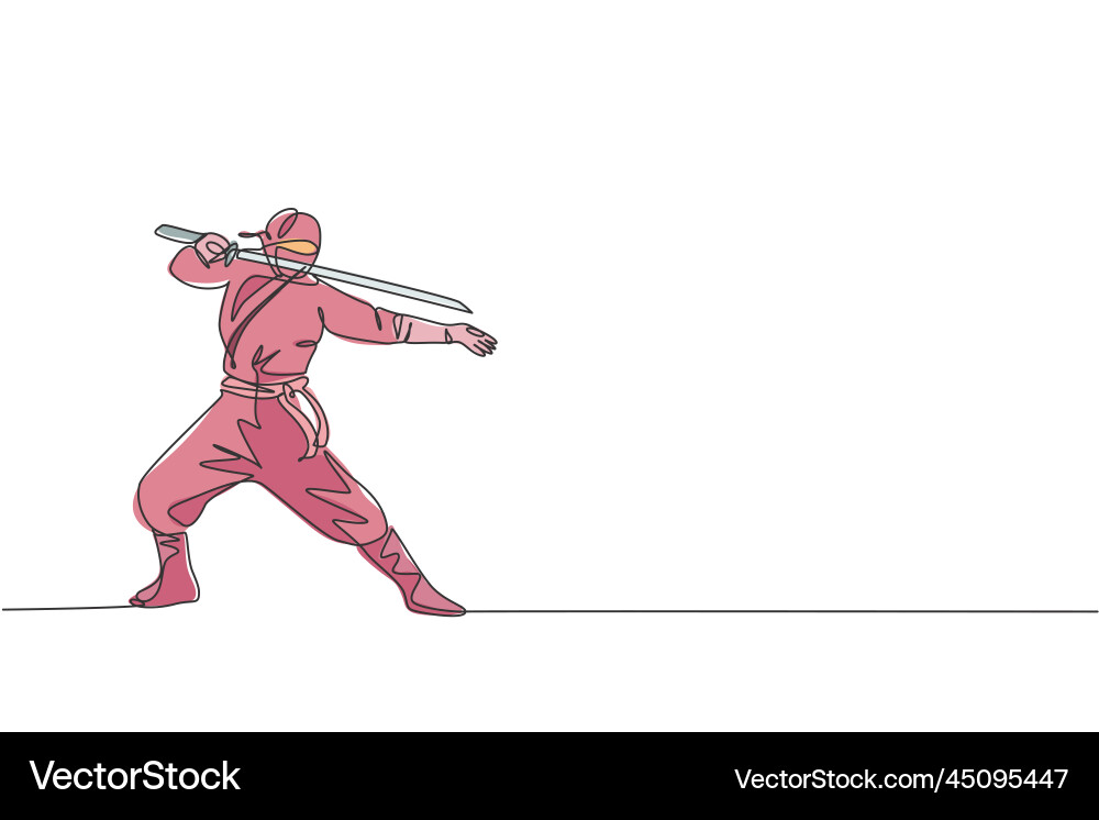 Japanese Ninja Warrior - Single Line Art Vector Image
