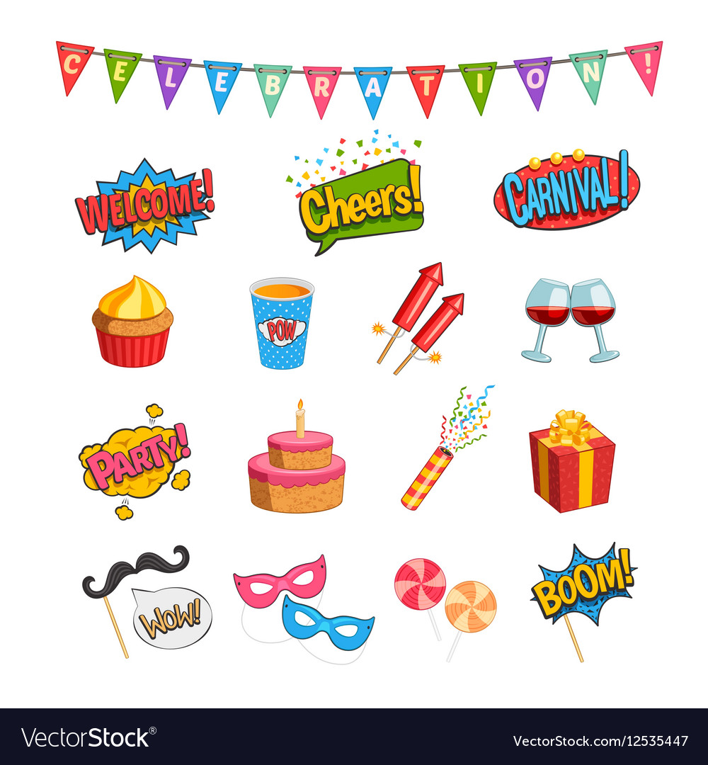 Party comic elements set Royalty Free Vector Image
