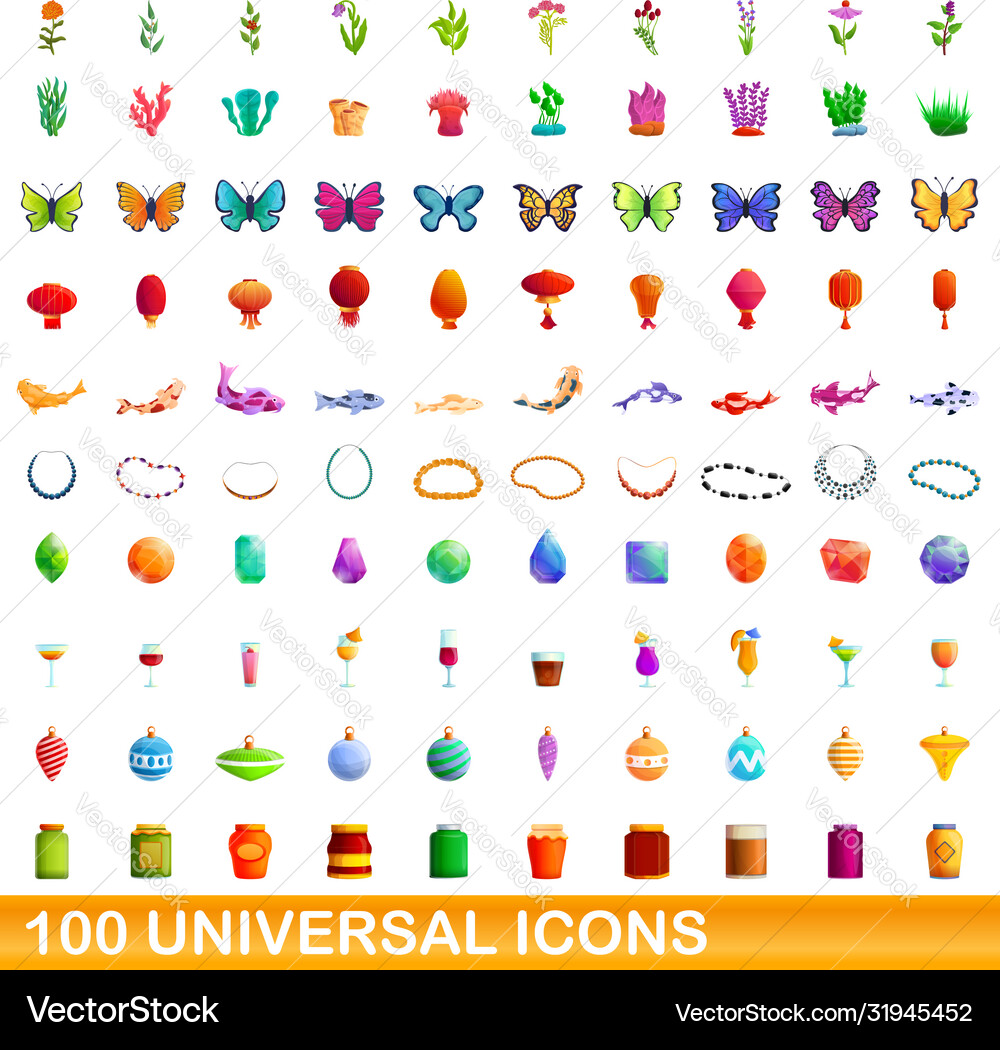 100 universal icons set cartoon style Royalty Free Vector
