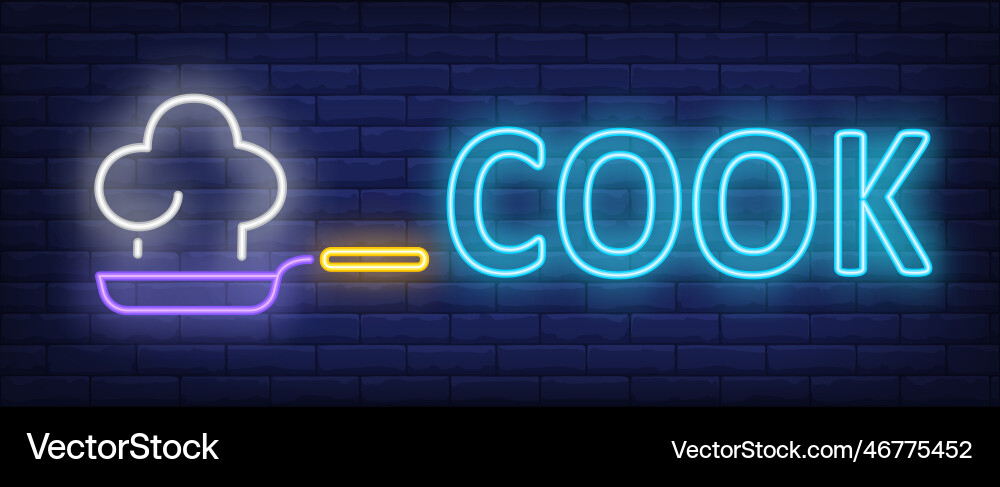 Cook neon text with chef hat on frying pan Vector Image