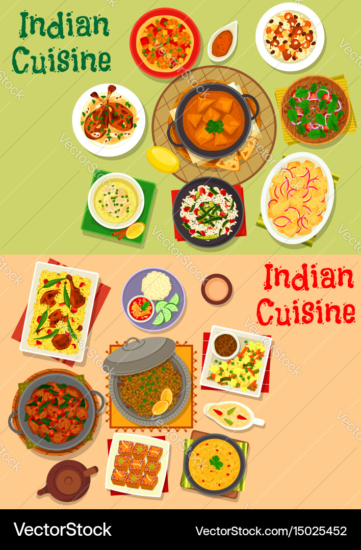 Indian cuisine dinner dishes menu icon set design Vector Image