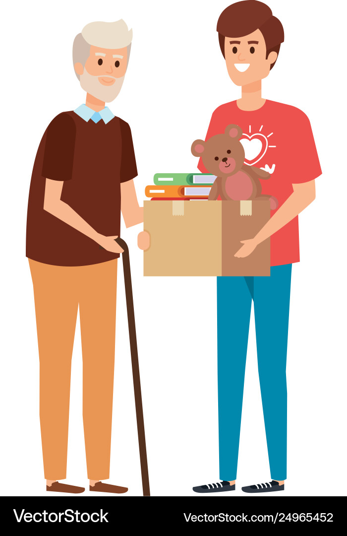 Man volunteer giving a old man donations box Vector Image