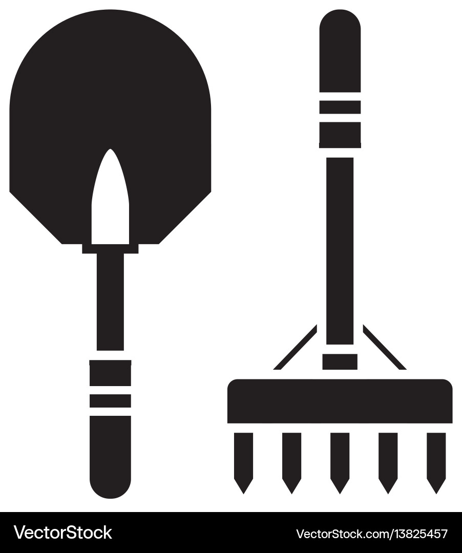 Shovel and rake outline icon Royalty Free Vector Image