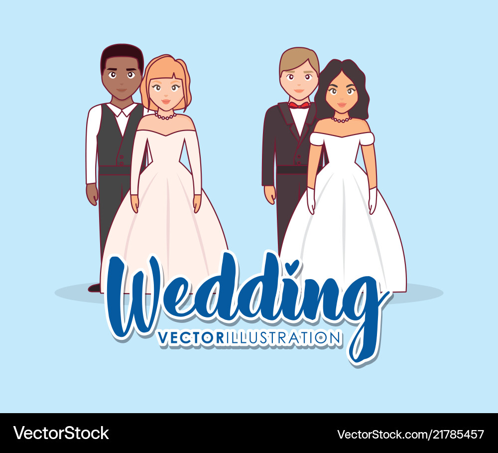 Wedding card with group of couples Royalty Free Vector Image