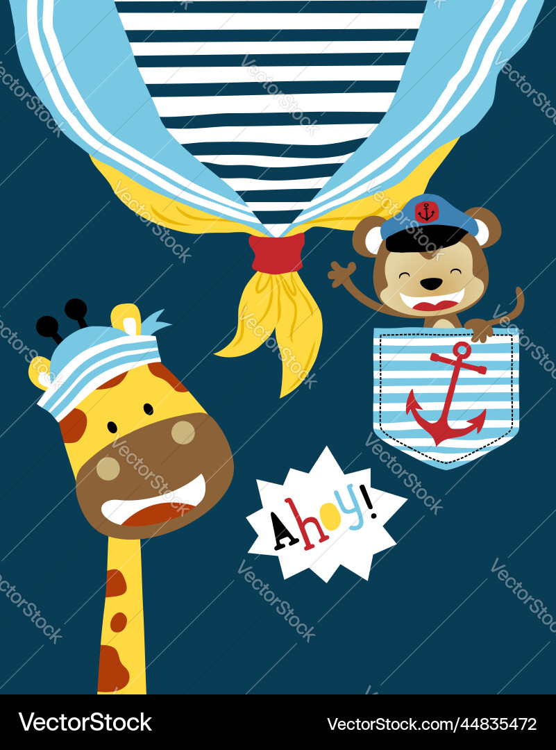 Funny giraffe and monkey wearing sailor hat Vector Image