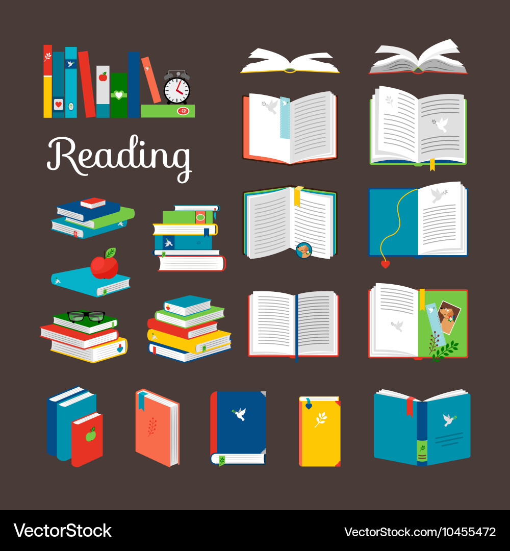 Reading book cartoon icons set Royalty Free Vector Image