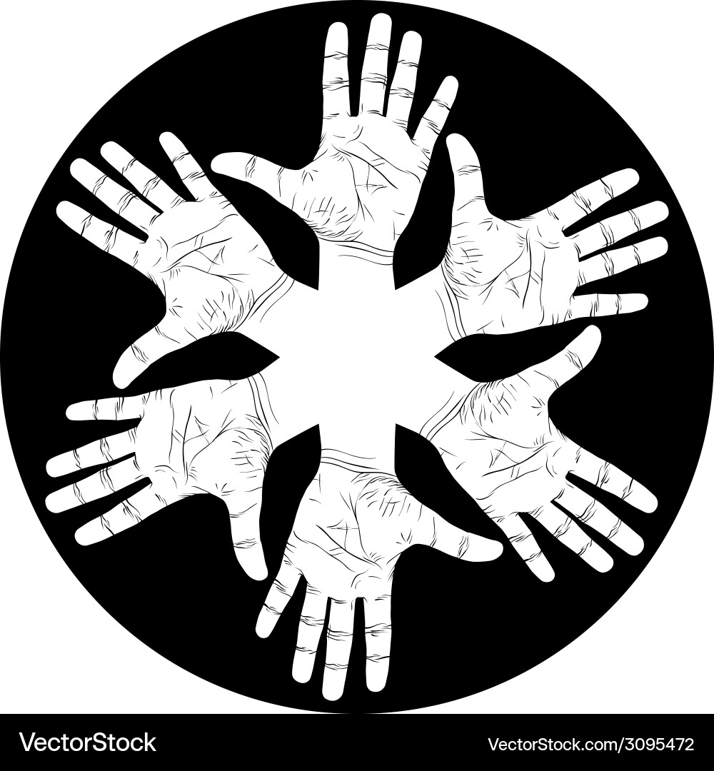 Six open hands abstract symbol detailed black Vector Image