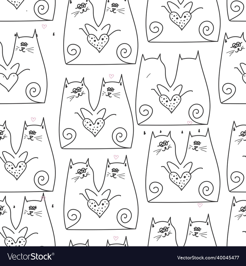 Lovely seamless pattern with line valentine cats Vector Image