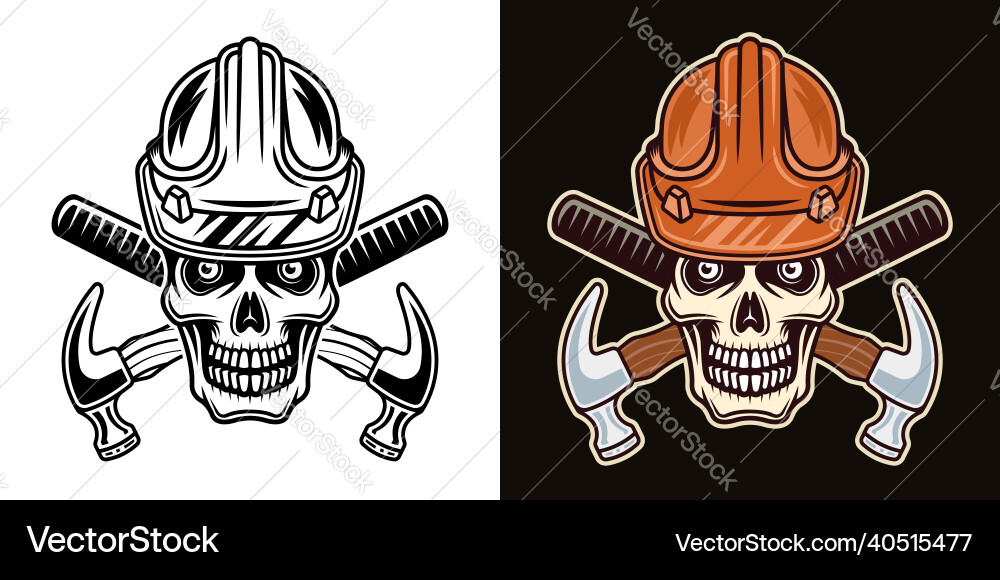Skull in worker hard hat and two crossed hammers Vector Image