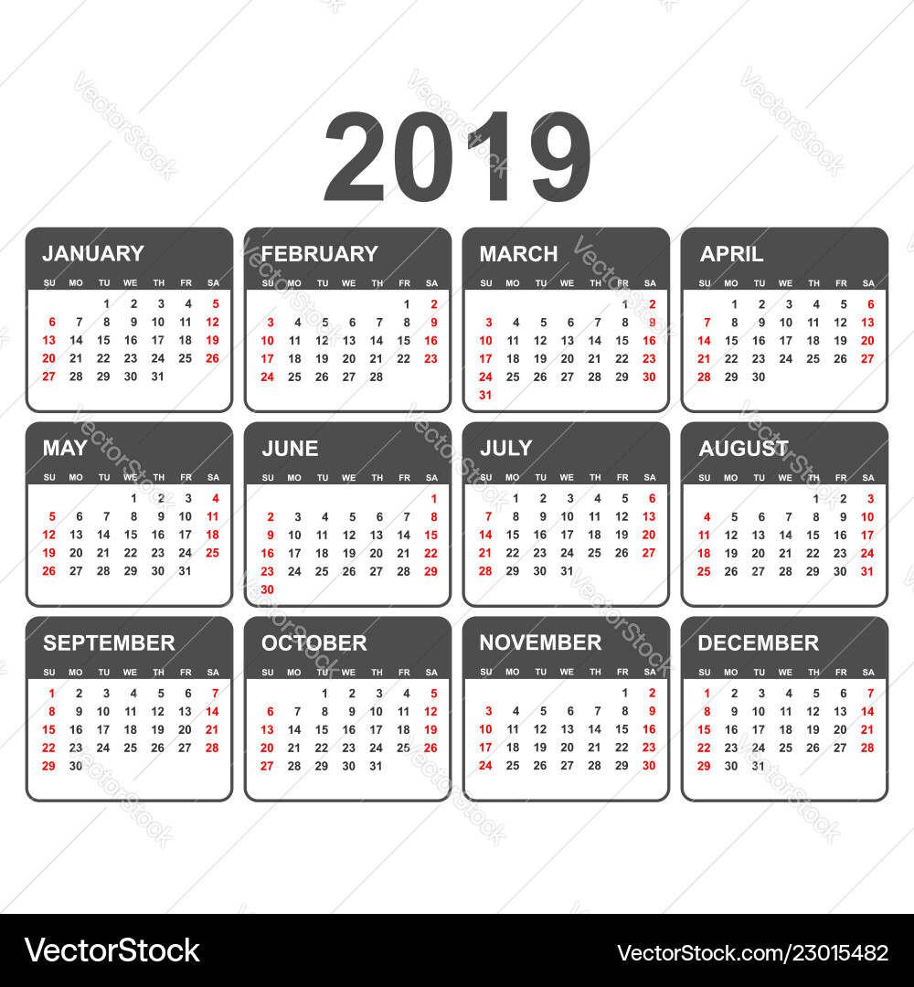 Calendar 2019 year in simple style Royalty Free Vector Image
