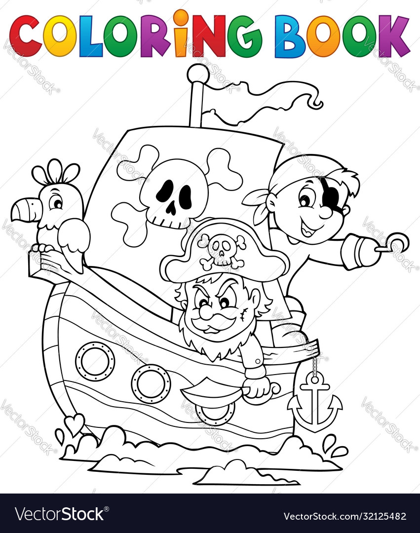 Coloring book pirate boat theme 1 Royalty Free Vector Image