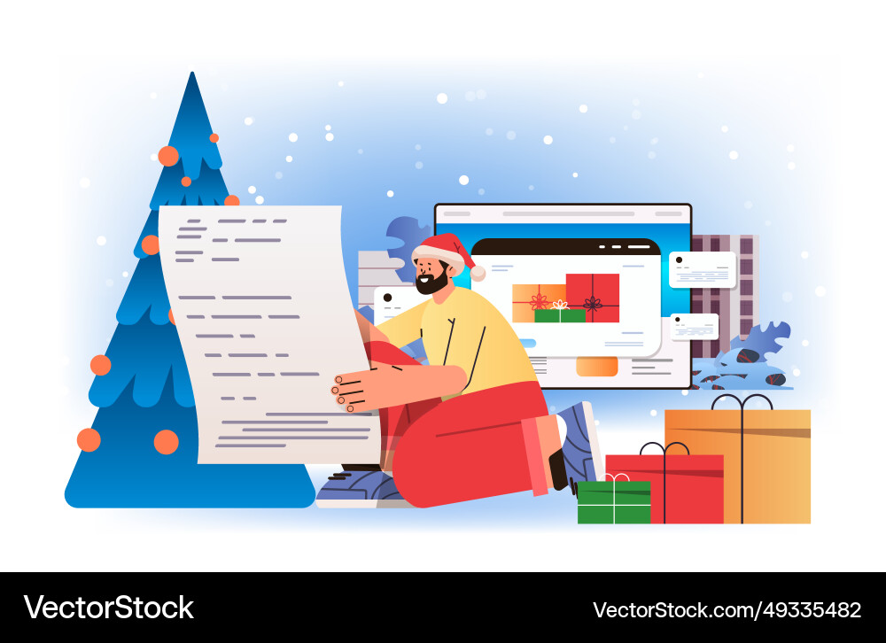 Man tourist in santa hat request special Vector Image