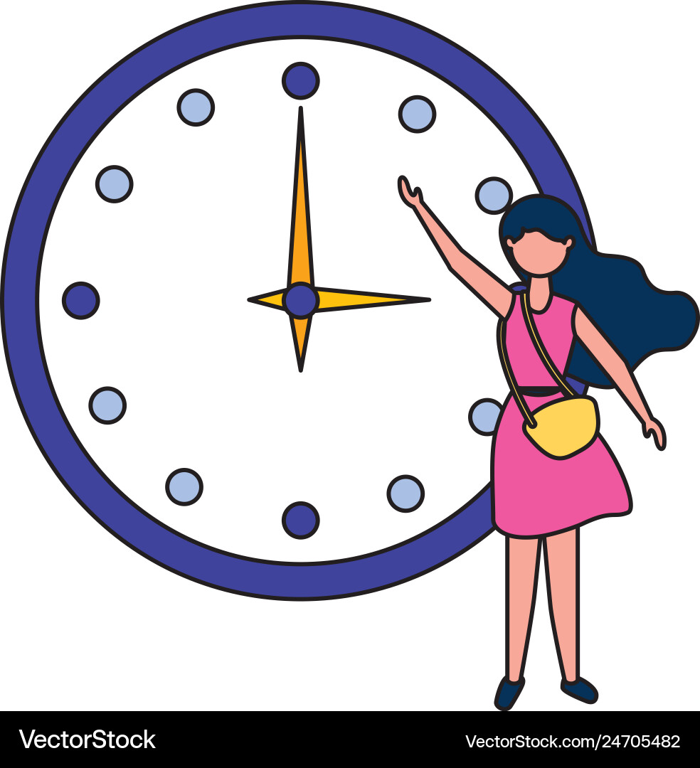 Woman showing big round clock Royalty Free Vector Image