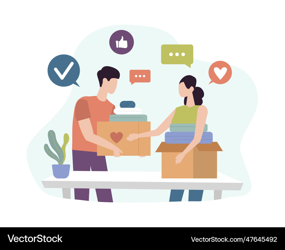 Activists pack clothes and bedding for needy Vector Image