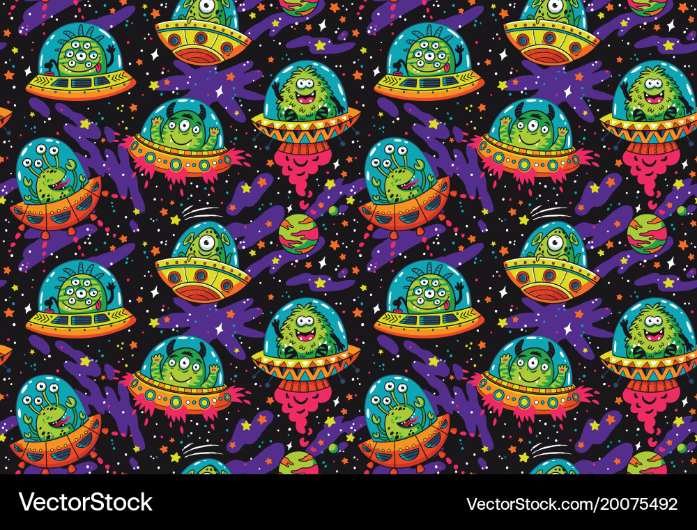 Cute cartoon ufo in the space seamless pattern Vector Image