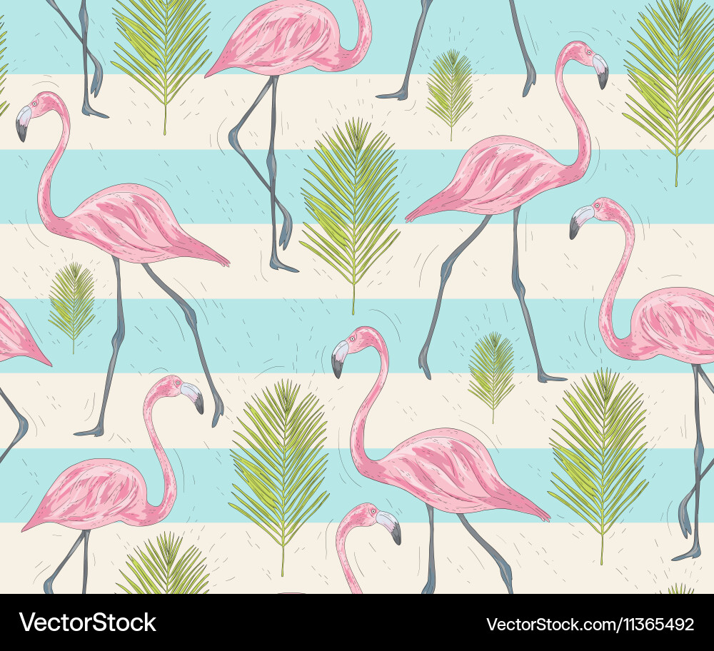 Cute seamless pattern with flamingos and palm Vector Image