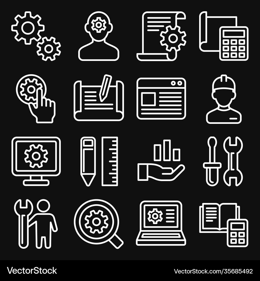 Engineering and manufacture icons set on black Vector Image