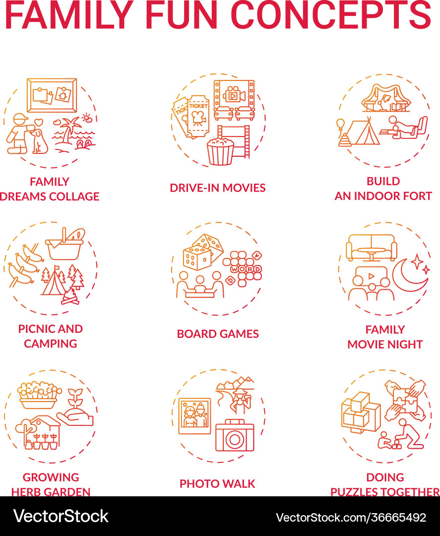 Family fun concept icons set Royalty Free Vector Image