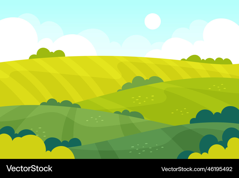 Farm in grass fields blue sky with clouds green Vector Image