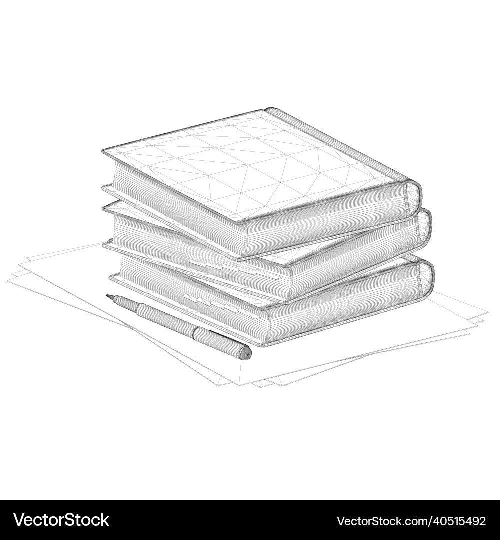 Wireframe of stack books with paper and pen Vector Image