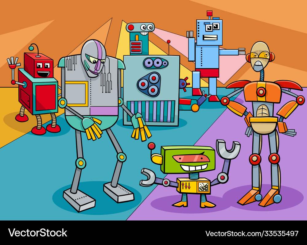 Funny robot characters group cartoon Royalty Free Vector