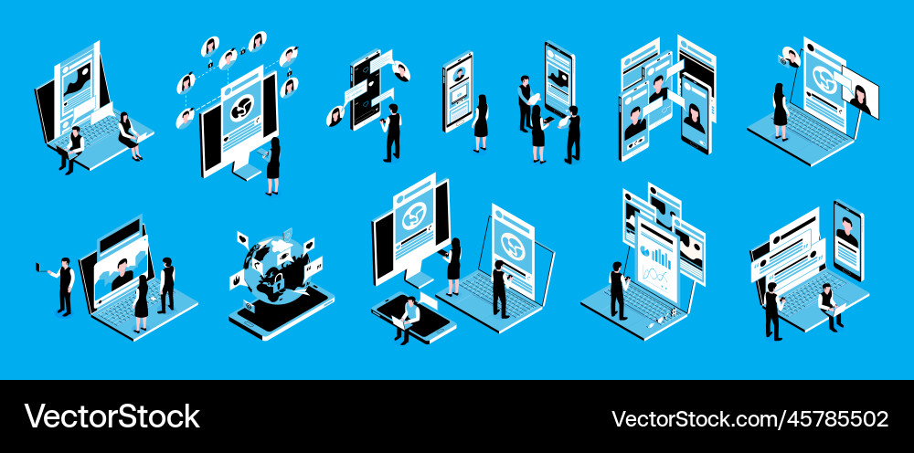 Isometric light blue social media icon set Vector Image