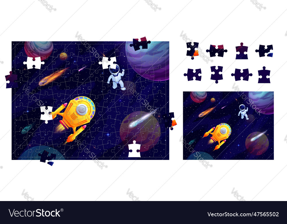 Jigsaw puzzle game with astronaut space starship Vector Image