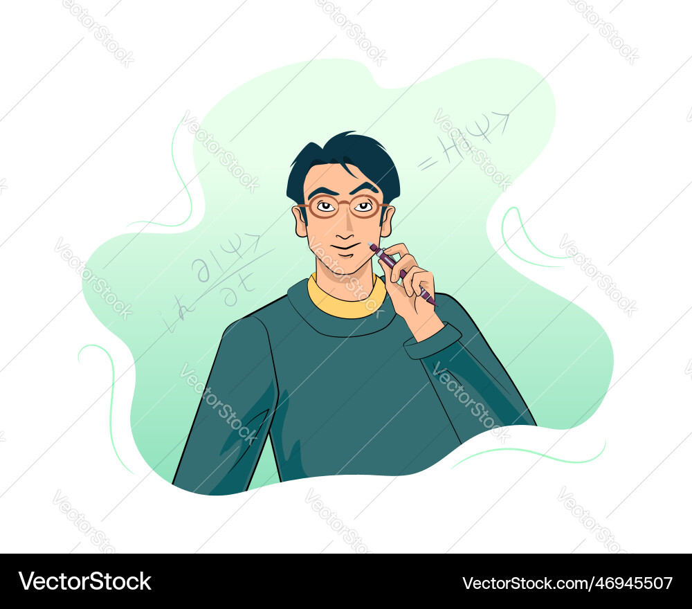 Doubtful asian student with pencil and equation Vector Image