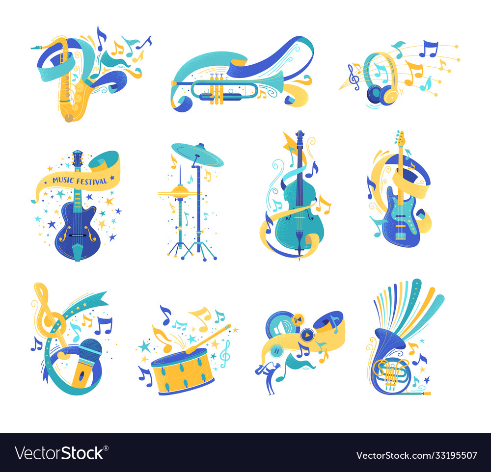 Musical instruments and notes flat set Royalty Free Vector