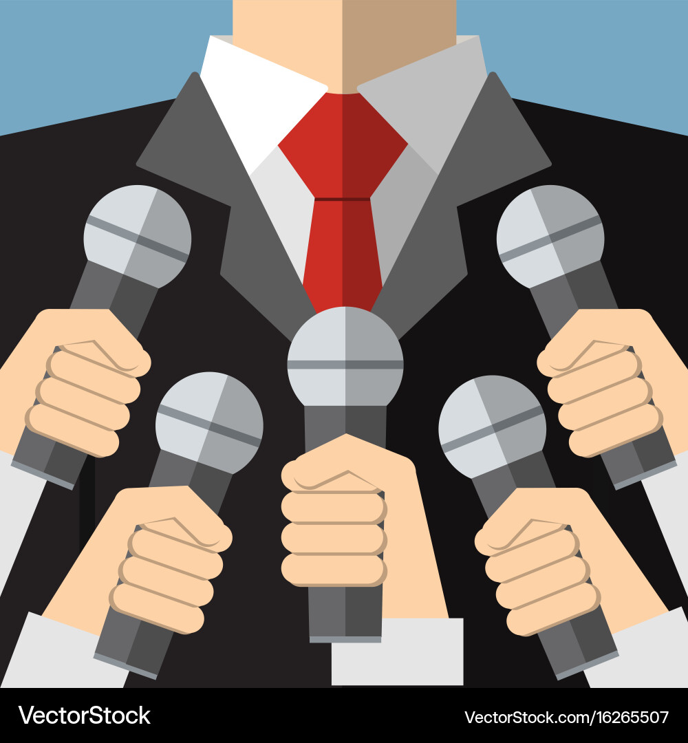 Press conference with media microphones Royalty Free Vector
