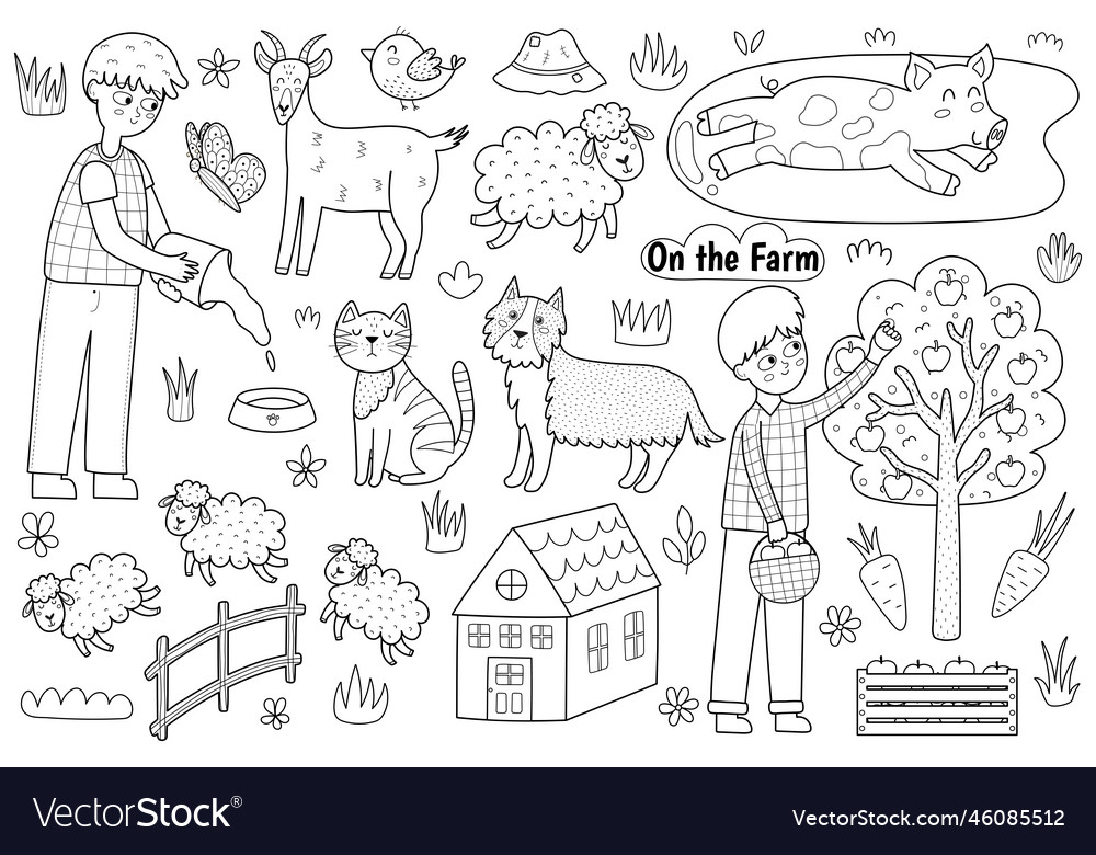 Black and white cute farm set with animals Vector Image