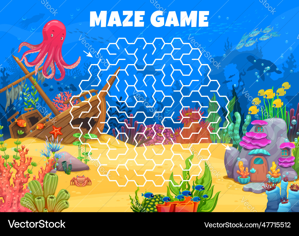 Labyrinth game with octopus and underwater house Vector Image