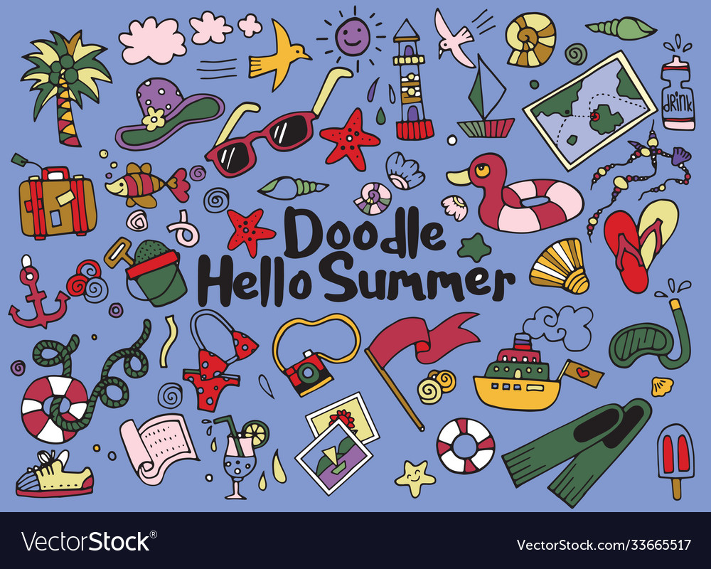 Hand drawn set summer doodles elements Royalty Free Vector