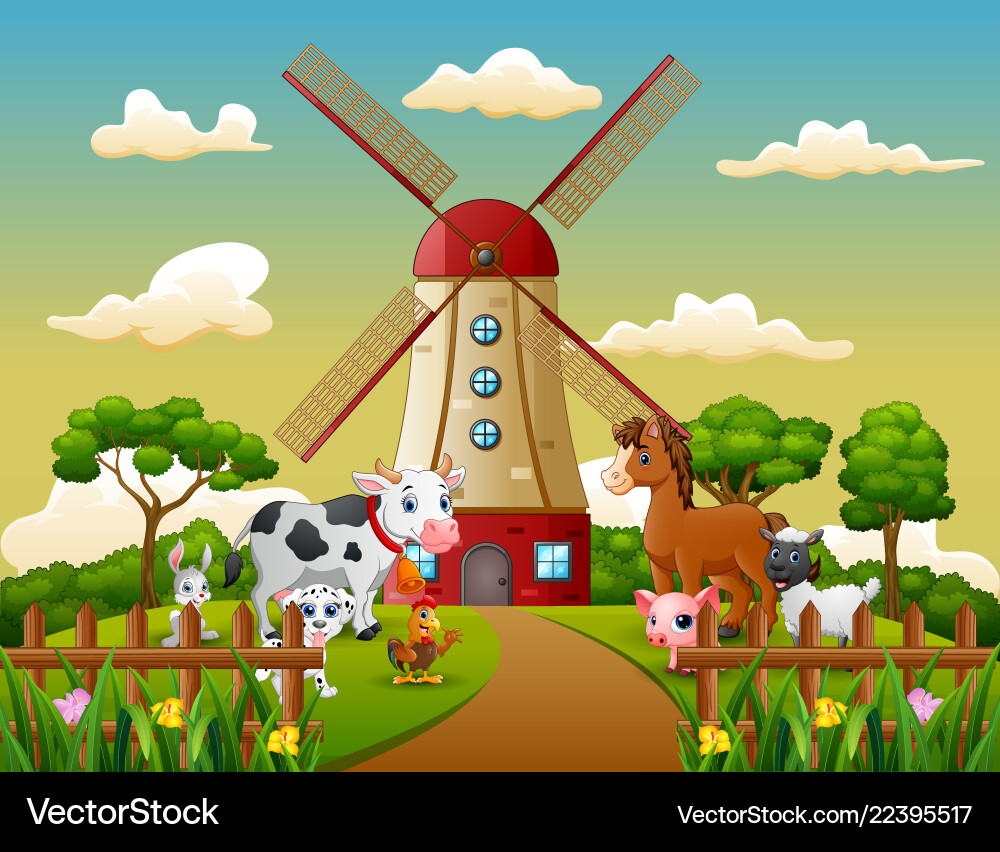 Happy animal with windmill building background Vector Image