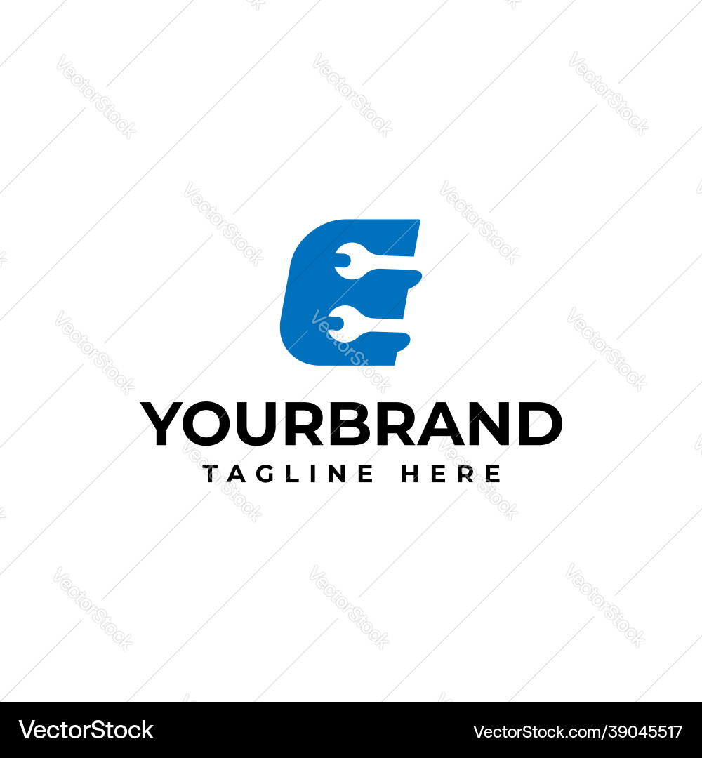 Letter e logo with wrench automotive Royalty Free Vector