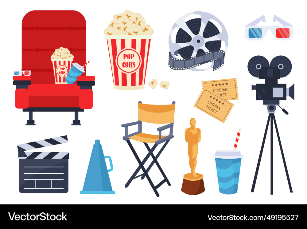 Cinema mega set in flat cartoon design Royalty Free Vector