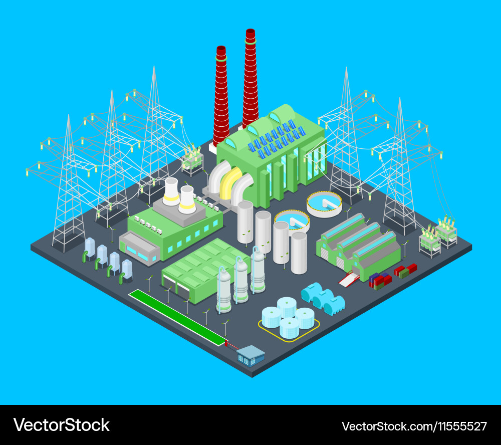 Isometric nuclear power station with pipes Vector Image