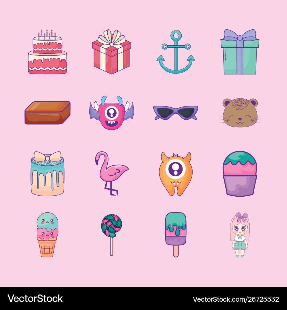 Cute set icons style kawaii Royalty Free Vector Image