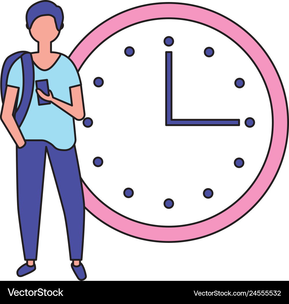 Young man using mobile clock time Royalty Free Vector Image