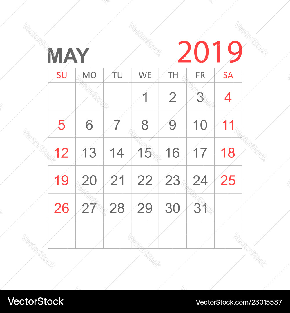 Calendar may 2019 year in simple style Royalty Free Vector