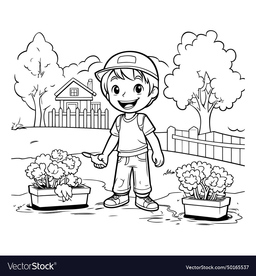 Outdoor gardening boy coloring page of a little Vector Image
