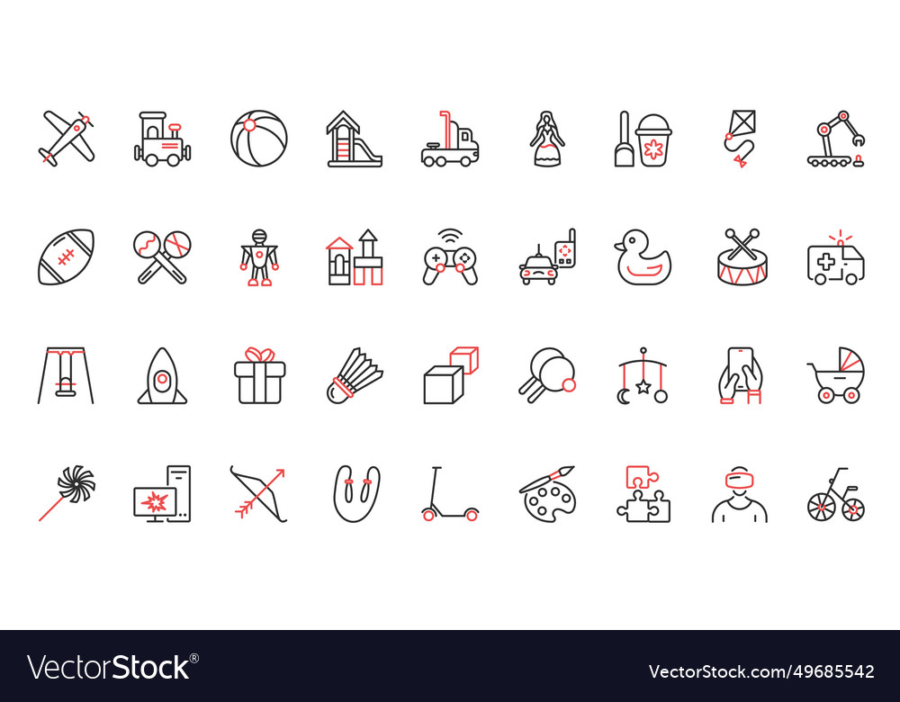 Toys for kids trendy red black thin line icons set