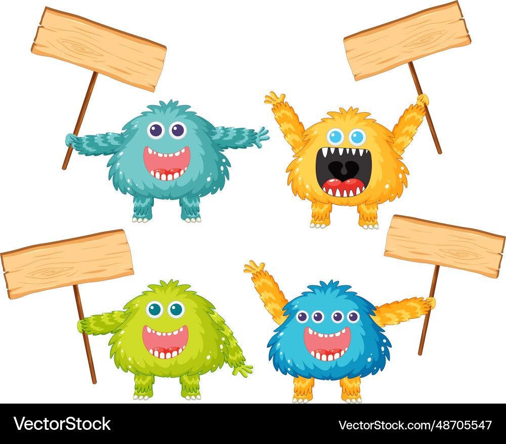 Cute alien monster holding empty signboard banner Vector Image