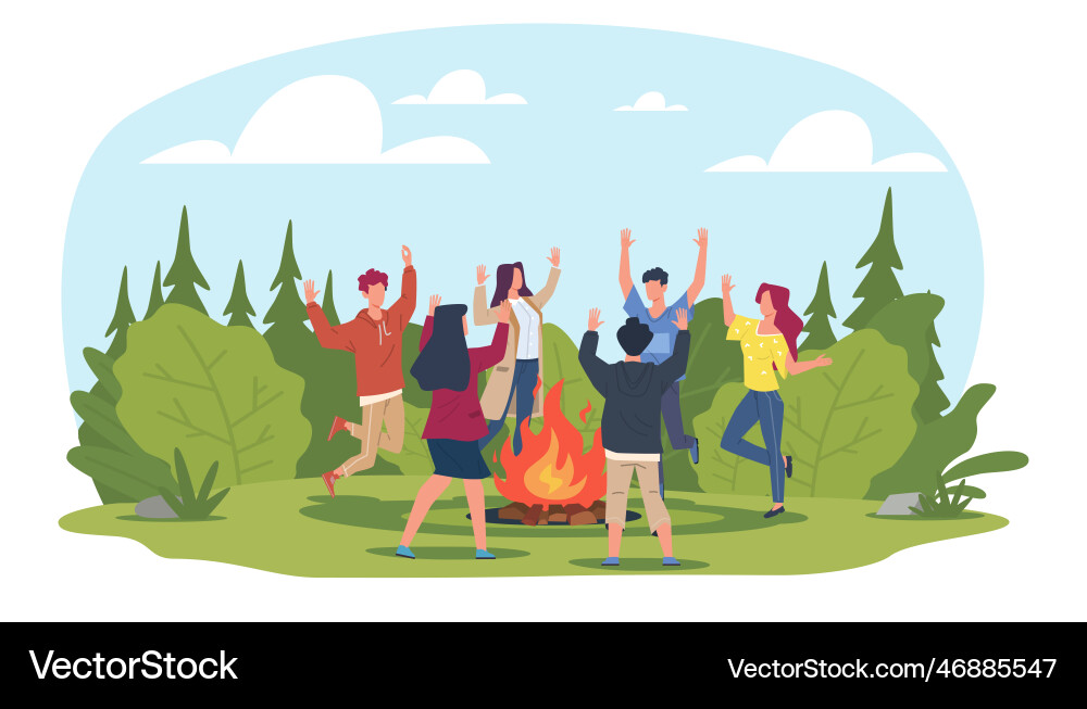 Group of young people dancing around campfire Vector Image