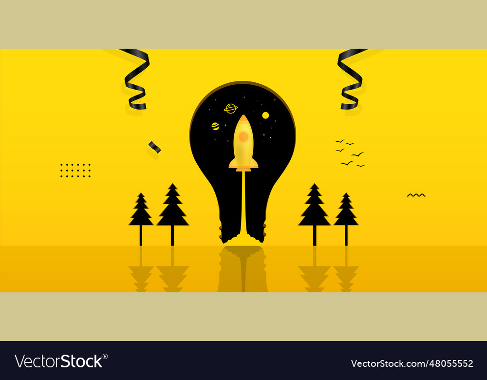 Spaceship launch inside light bulb on yellow Vector Image