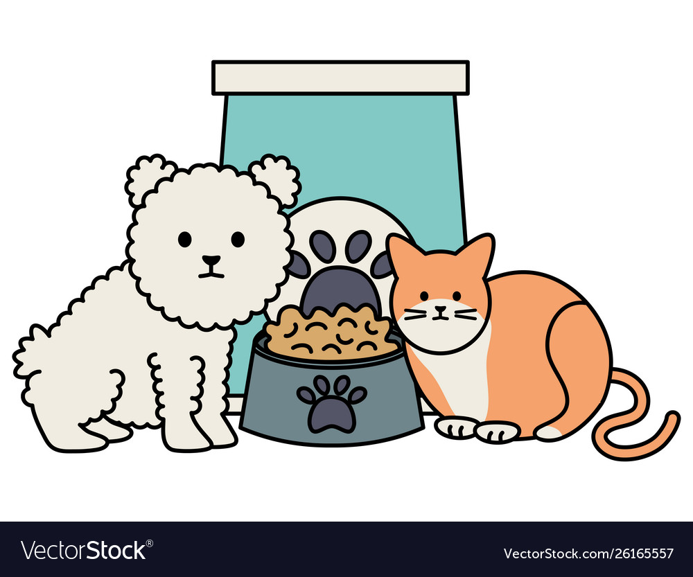 Cute cat and dog mascots with food bag dish Vector Image