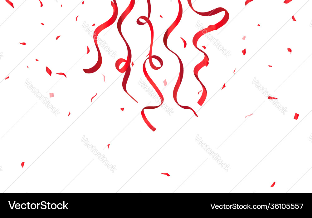 Red ribbons and confetti falling on white Vector Image