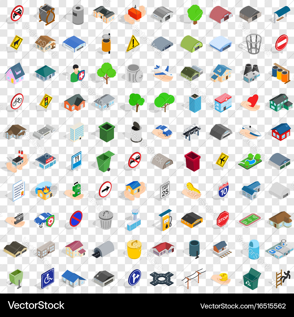 100 town icons set isometric 3d style Royalty Free Vector